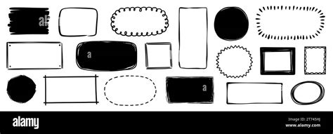 Hand Drawn Doodle Frame Set Box Square Rectangle Circle Shape Brush