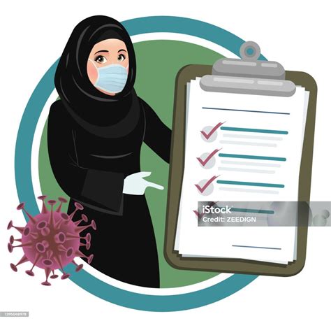 사우디 여성은 코로나 바이러스 감염 확산을 막기 위해 마스크를 착용하고 있습니다 히잡에있는 아랍 무슬림 의사 소녀 코로나 바이러스에 대한 보호를위한 지침 코 비드 19