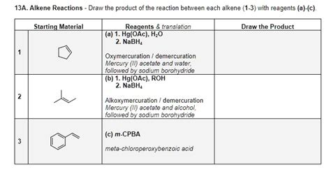 13a Alkene Reactions Draw The Product Of The Reaction Between Each Alkene 1 3 With Reagents