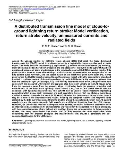 Pdf A Distributed Transmission Line Model Of Cloud To Ground Lightning Return Stroke Model