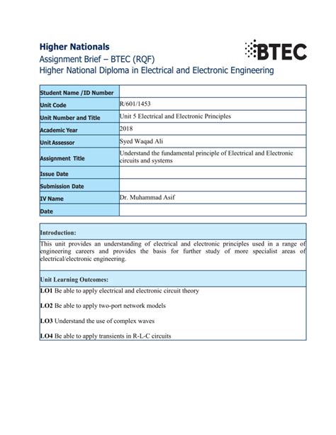 Electrical And Electronic Engineering Assignment Brief
