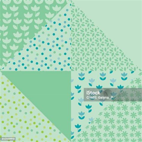 밝은 봄 컬러 튤립 꽃과 기하학 주제 패치워크 간단한 모듬된 패치 벡터 일러스트 레이 션 디자인입니다 포장 종이 또는 직물에 대 한 완벽 한 배경 0명에 대한 스톡 벡터