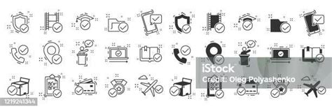 가늘게 선 스타일로 설정된 측량 또는 테스트 아이콘입니다 체크 표시 벡터 선 아이콘 집합 검사 문서 등 과 같은 포함 검사