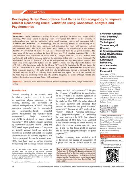 Pdf Developing Script Concordance Test Items In Otolaryngology To