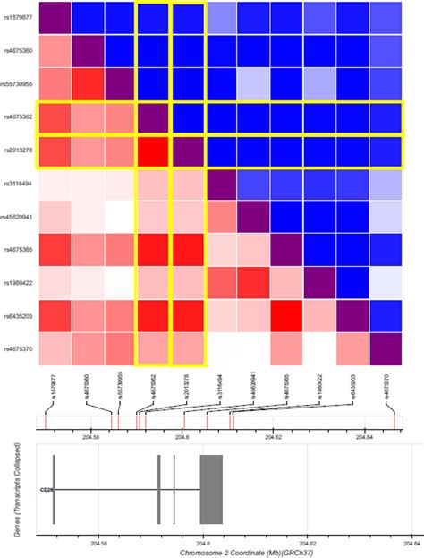 Ld Of Rs2013278 With Each Gwas Lead Snp Densities Of Red And Blue