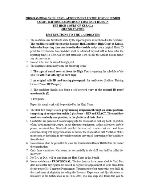 Instructions To Candidates Skill Test Sr Computer Programmers