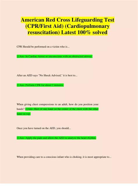 American Red Cross Lifeguard TEST V V Emergency Medicine Red Cross Lifeguard Test Complete