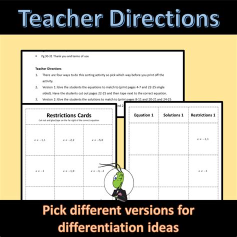 Solving Rational Equations Sorting Activity Algebra 1 Restrictions Solutions Made By Teachers