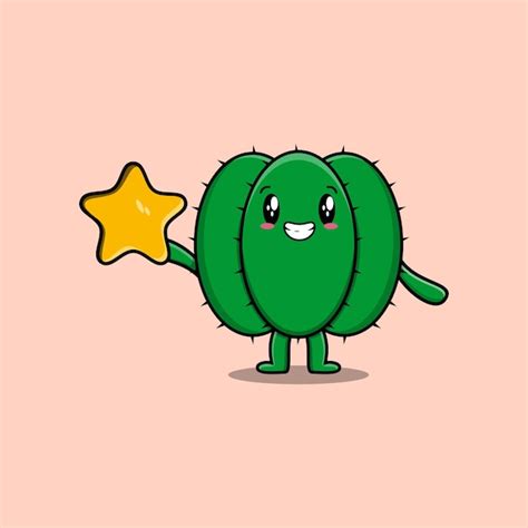 귀여운 현대적인 스타일의 디자인 삽화에 큰 황금 별을 들고 있는 귀여운 만화 선인장 캐릭터 프리미엄 벡터