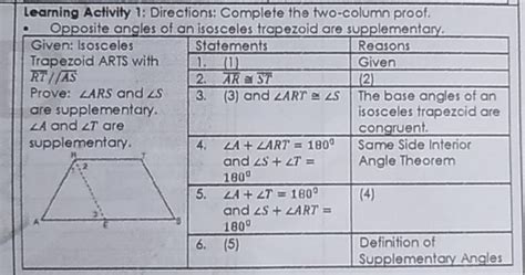 Solved: Learning Activity 1: Directions: Complete the two-column proof. Opposite angles of Given ...