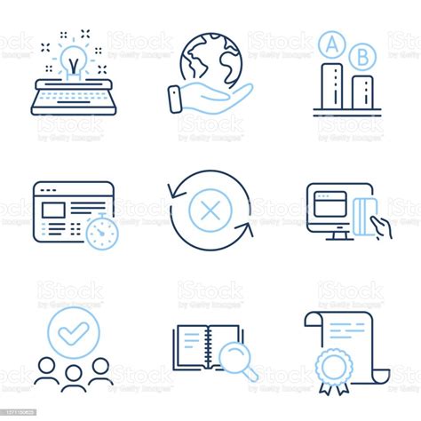 타자기 웹 타이머 및 Ab 테스트 아이콘 세트입니다 새로 고침 검색 책 및 온라인 결제 표지판을 거부합니다 벡터 교사 교육 관련 직업에 대한 스톡 벡터 아트 및 기타 이미지