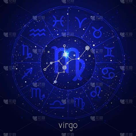 黄道十二宫和处女座，有星座圈和神圣的象征。素材 花瓣网