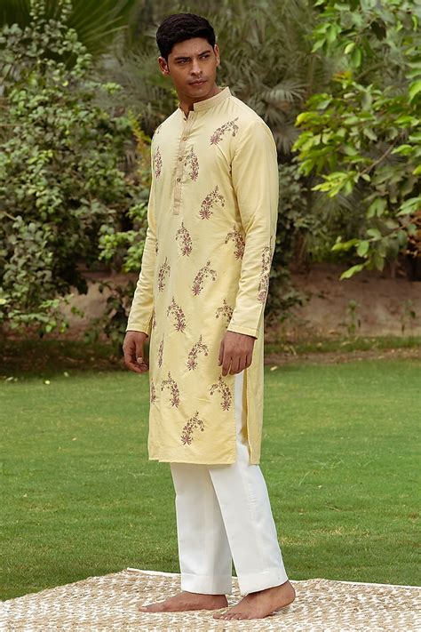 Light Golden Green Cotton Silk Hand Embroidered Kurta By Ayush Jain At