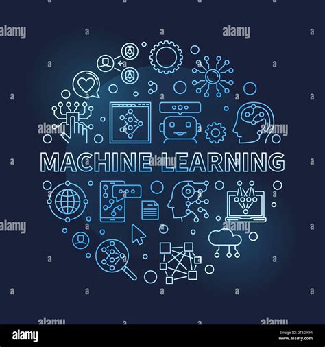 Machine Learning Concept Thin Line Round Blue Banner Ml Technology Vector Illustration On Dark