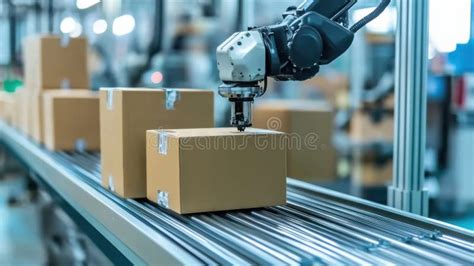 Robotic Arm Moving Boxes On A Production Line Symbolizing Automation