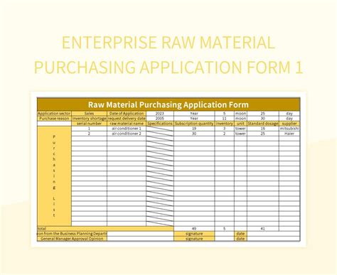 Enterprise Raw Material Purchasing Application Form 1 Excel Template