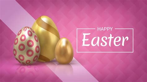 현실적인 부활절 달걀 배너입니다 인사말 배너 및 3d 황금 계란 장식 요소와 초대 카드 분홍색 배경 벡터 휴가 축 하 엽서 프리미엄 벡터