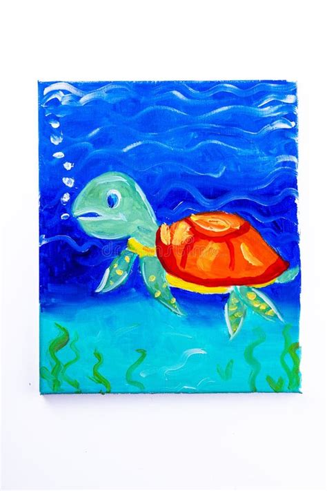 Turtle Underwater In A Deep Sea With Sun Rays In Oil Painting Drawing On Canvas Picture On A