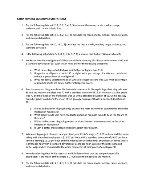 Statistics Questions Chapter In Statistics With Calculations EXTRA PRACTICE QUESTIONS FOR
