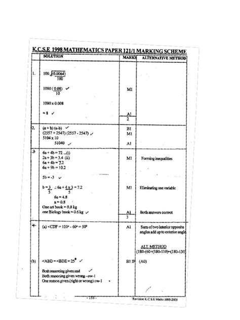 1998 Kcse Mathematics Paper 1 Answers 1 Pdf