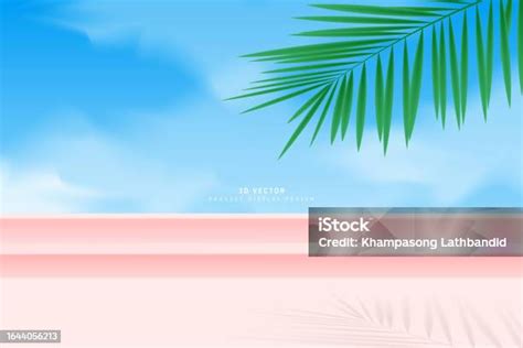 추상적인 3d 분홍색 받침대 연단 계단 사다리 구름 푸른 하늘 코코넛 야자수 잎 3d 벡터 기하학적 플랫폼 디자인 쇼 제품 화장품을 위한 무대 모형을 위한 최소한의 장면 0