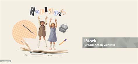 현대 미술 콜라주 행복하고 흥분한 어린 소녀 열린 책에 뛰어 드는 아이들 즐거운 휴일 보내세요 2명에 대한 스톡 사진 및 기타 이미지 Istock