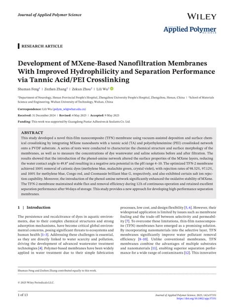 Development Of Mxene‐based Nanofiltration Membranes With Improved