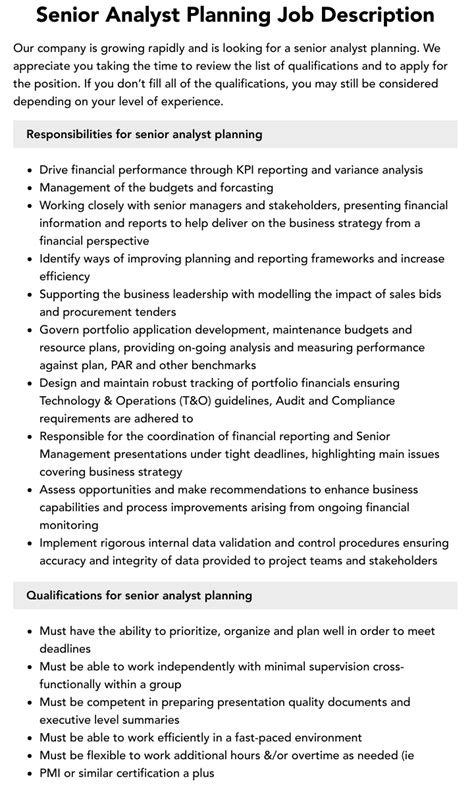 Senior Analyst Planning Job Description Velvet Jobs