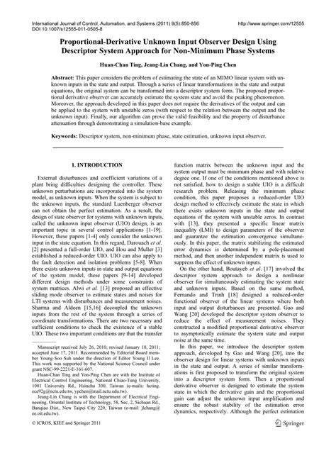 Pdf Proportional Derivative Unknown Input Observer Design Using Descriptor System Approach For