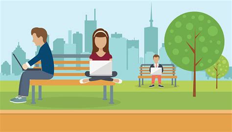 사람들은 공원에 앉아 그들의 무릎에 무릎 위로 들고 소셜 네트워크 개념입니다 평면 벡터 일러스트 레이 션 야외에 대한 스톡 벡터 아트 및 기타 이미지 Istock