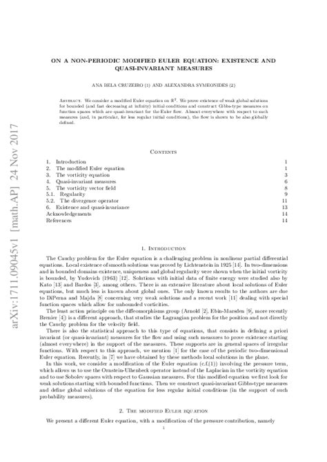 Pdf On A Non Periodic Modified Euler Equation Existence And Quasi Invariant Measures