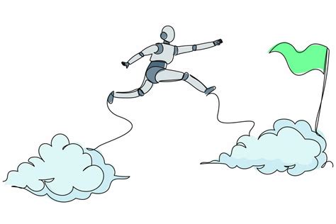 Continuous One Line Drawing Robot Jump Over Clouds To Reach Success Target Flag Taking Risk
