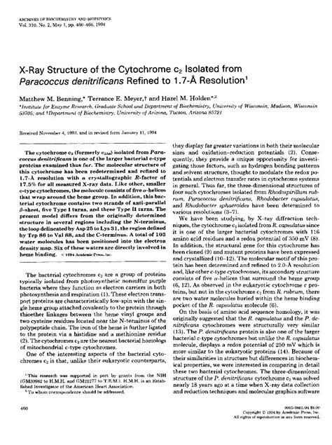Pdf X Ray Structure Of The Cytochrome C2 Isolated From Paracoccus Denitrificans Refined To 1 7