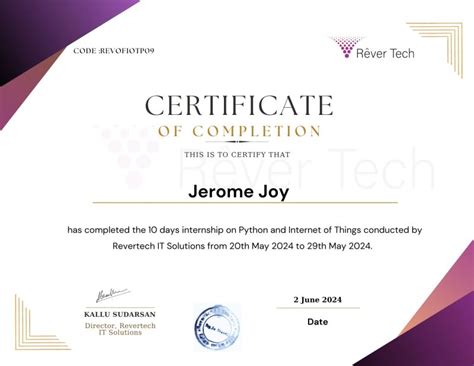 jerome roy on linkedin iot and python internship completed