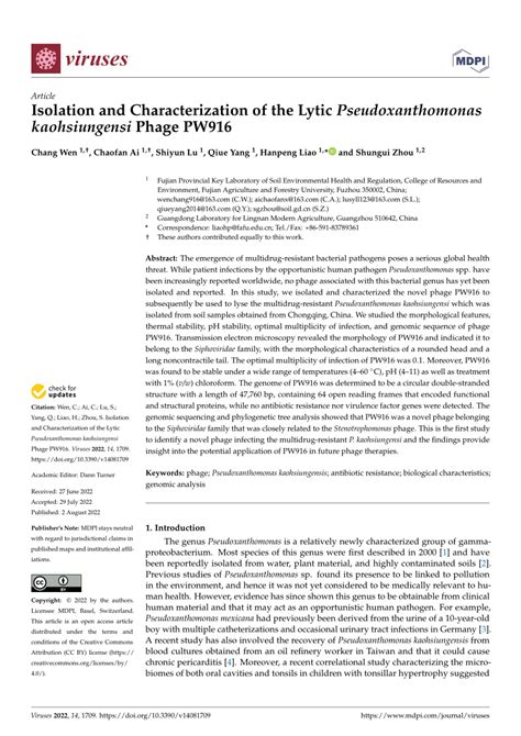 Pdf Isolation And Characterization Of The Lytic Pseudoxanthomonas Kaohsiungensi Phage Pw916