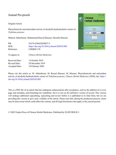 Pdf Phytochemicals And Antioxidant Activity Of Alcoholichydroalcoholic Extract Of Trifolium