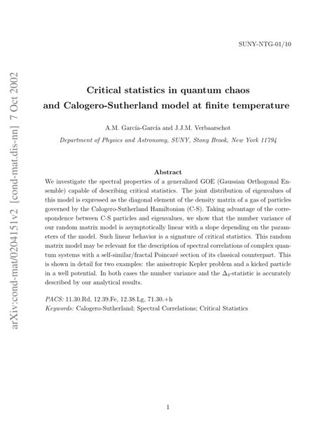 Pdf Critical Statistics In Quantum Chaos And Calogero Sutherland Model At Finite Temperature