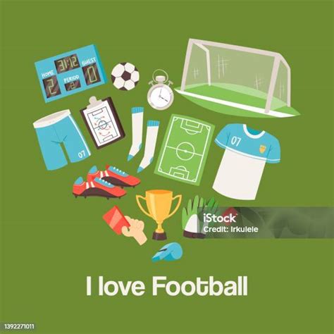 축구 장비 및 공급 배너 벡터 일러스트레이션 축구는 필드 공 트로피 스코어 보드 및 휘파람이있는 아이콘 세트를 좋아합니다 의류 장갑 유니폼 및 부츠 조각 개념에 대한 스톡