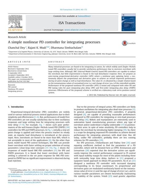 A Simple Nonlinear Pd Controller For Integrating Processes Pdf Web