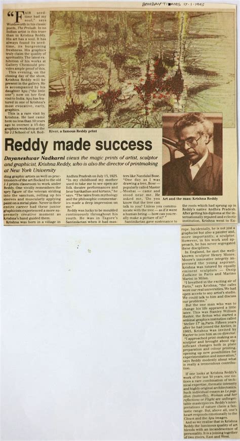Krishna Reddy The First Indian To Be Appointed Director Of Atelier 17 Dag