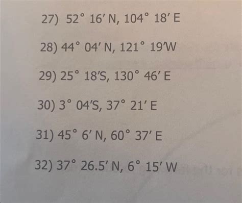 Solved 27 52∘16′n104∘18′e 28 44∘04′n121∘19′w 29
