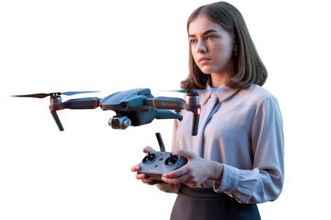 Young Woman Operating Modern Drone Controller White Background Drone Technology Aerial