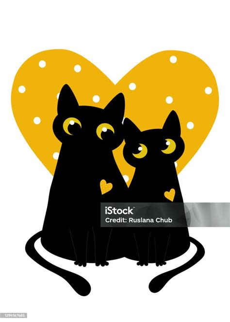 사랑에 빠진 검은 고양이와 물방울 무늬가 있는 노란 하트 발렌타인 데이 인사말 카드 컵 섬유 옷 노트북에 패션 프린트 패턴 벡터 그림입니다 12월에 대한 스톡 벡터 아트 및