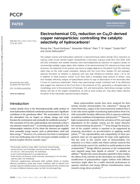 Pdf Electrochemical Co2 Reduction On Cu2o Derived Copper
