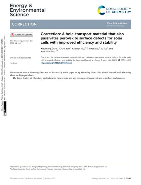 Pdf Correction A Hole Transport Material That Also Passivates Perovskite Surface Defects For