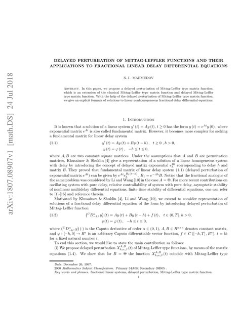 Pdf Delayed Perturbation Of Mittag Leffler Functions And Their Applications To Fractional