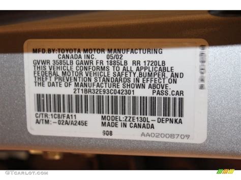 2003 Corolla Color Code 1c8 For Lunar Mist Metallic Photo 62995796