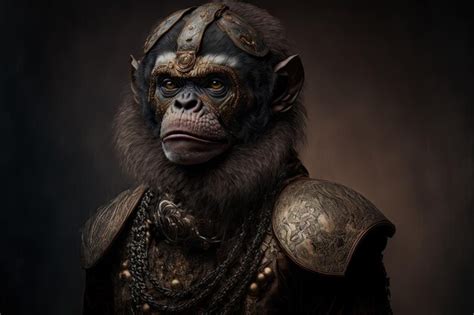 Premium AI Image Portrait Of Primate In Costume With Metal Details On Dark Blurry Background