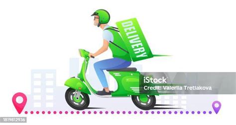 녹색 빠른 배달 복고풍 스쿠터 오토바이 빨간색과 보라색 핀과 흰색 배경에 건물이 있는 택배로 오토바이 디자인 전단지 포스터 배너 웹 광고에 대 한 벡터 일러스트 레이 션