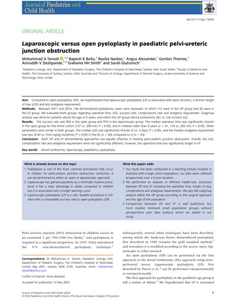 Pdf Laparoscopic Versus Open Pyeloplasty In Paediatric Pelvi Ureteric Junction Obstruction